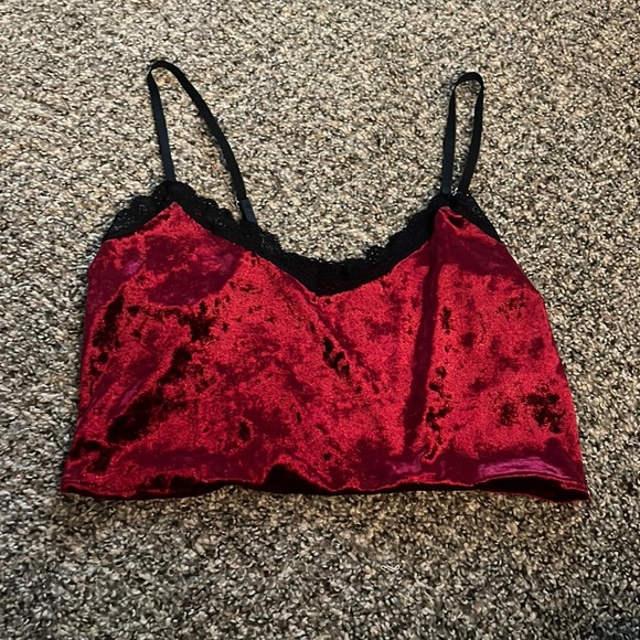 Tops | Crushed Red Velvet And Black Lace Crop Tank Top | Poshmark